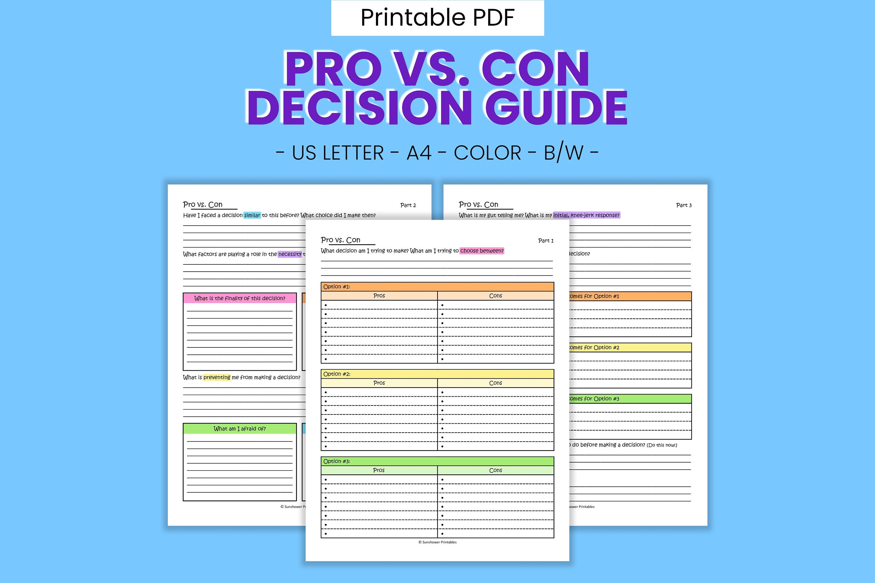 Pro Vs. Con Decision Guide - Printable Choice Analysis Worksheet, Goal ...