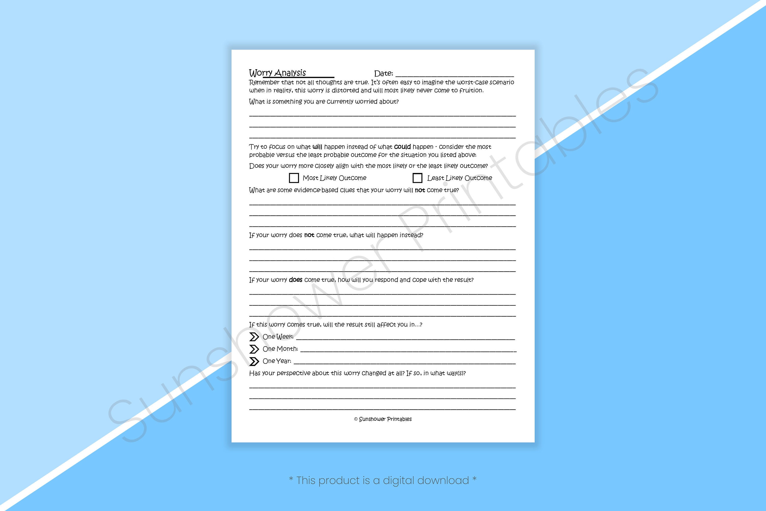 Worry Analysis Stress Journal Page - Printable Self Evaluation, Anxiety ...