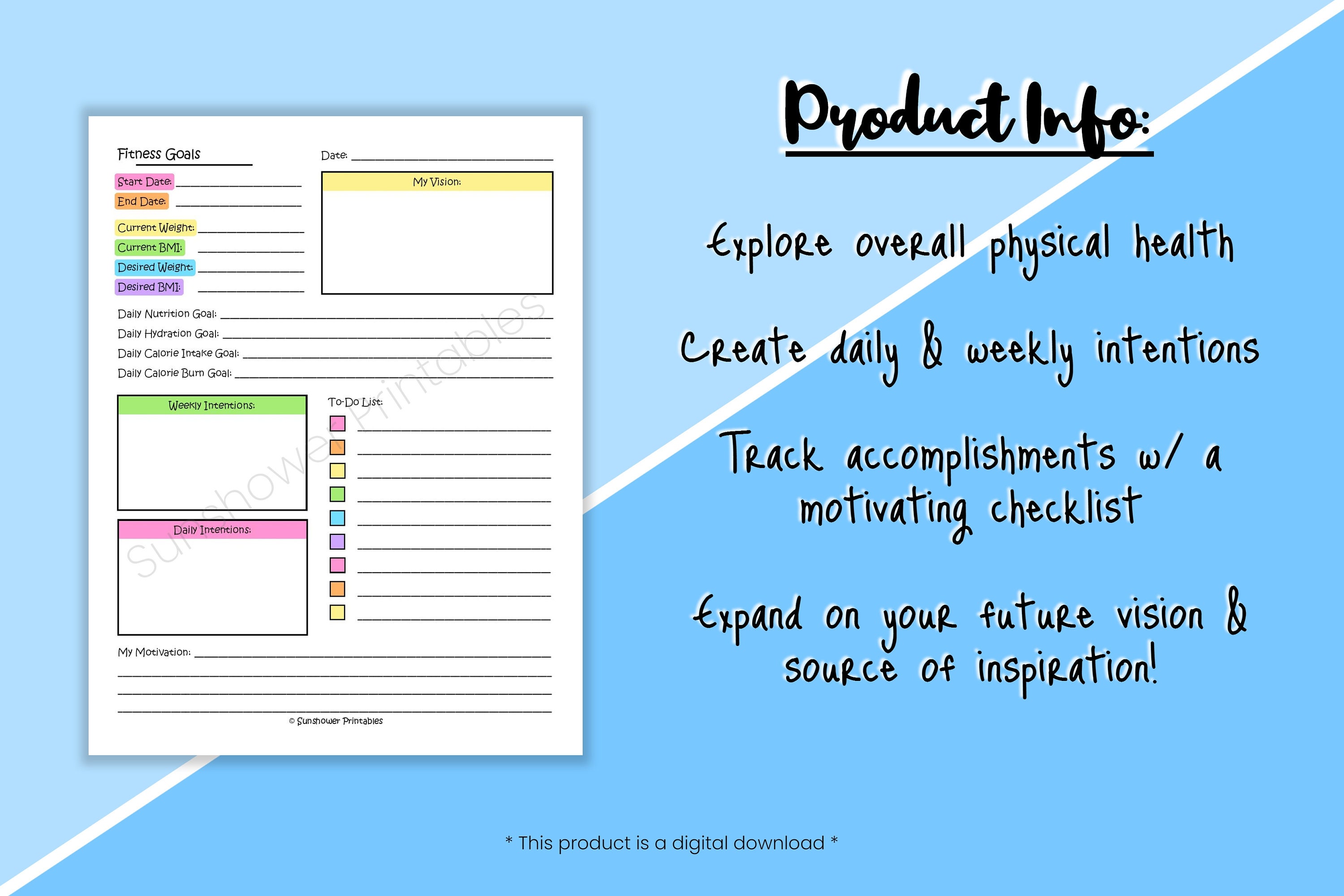 Fitness Goal Setting Journal Page - Printable Daily Intentions, Habit ...