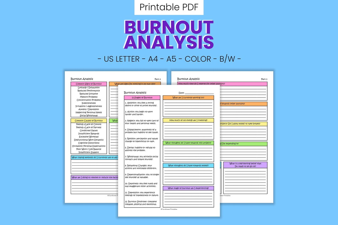 Burnout Analysis Self-help Worksheets Printable Therapy - Etsy