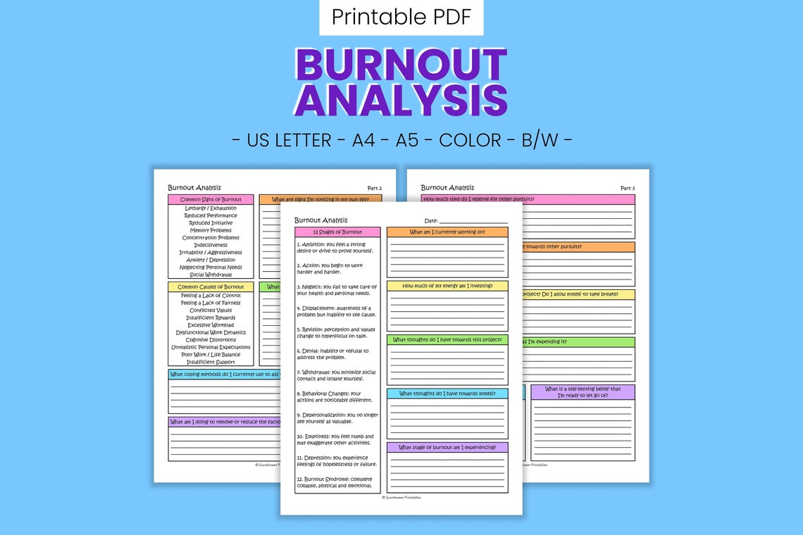 Burnout Analysis Self-help Worksheets Printable Therapy - Etsy