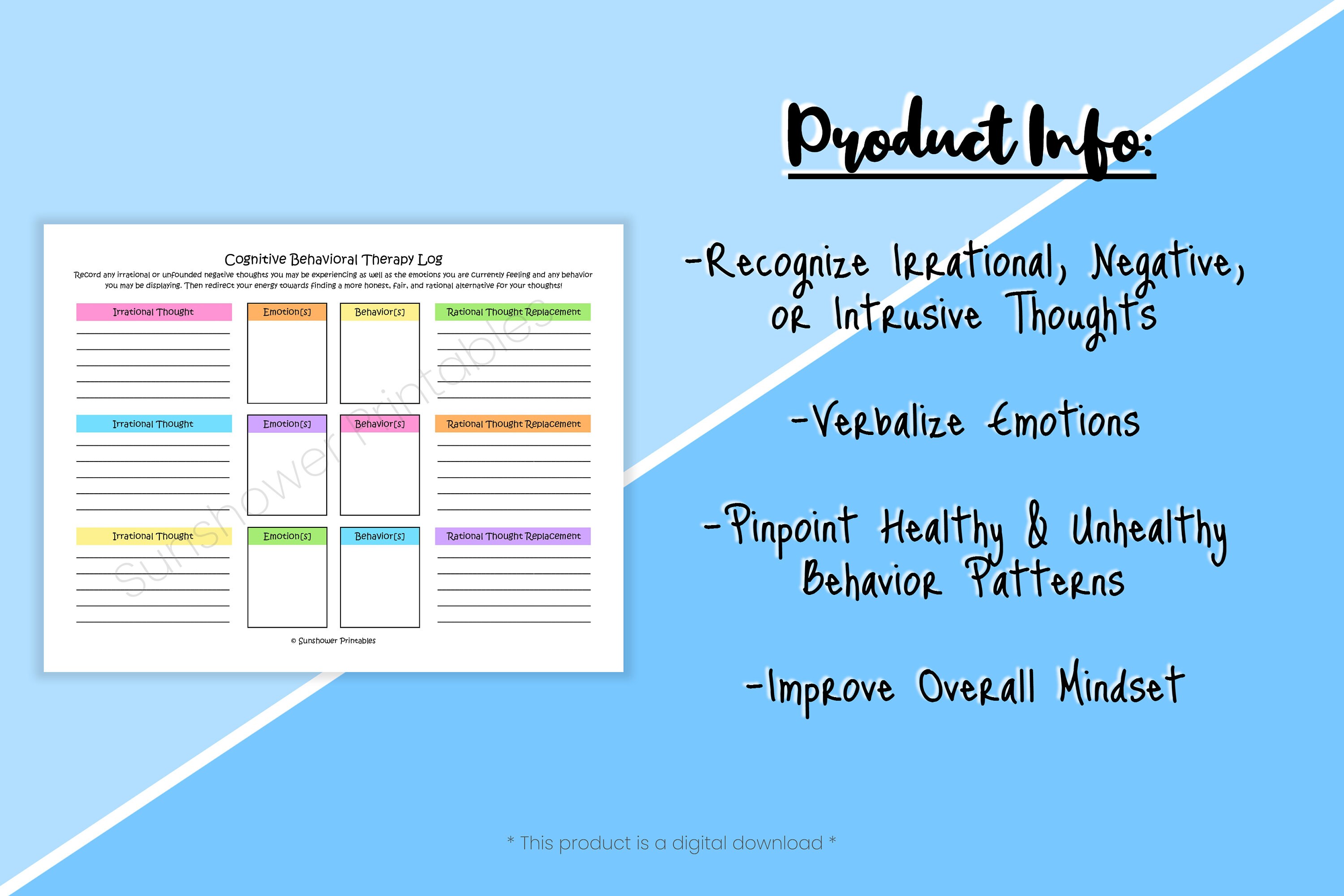 Cognitive Behavior Therapy Thought Log Printable Emotion Processing ...