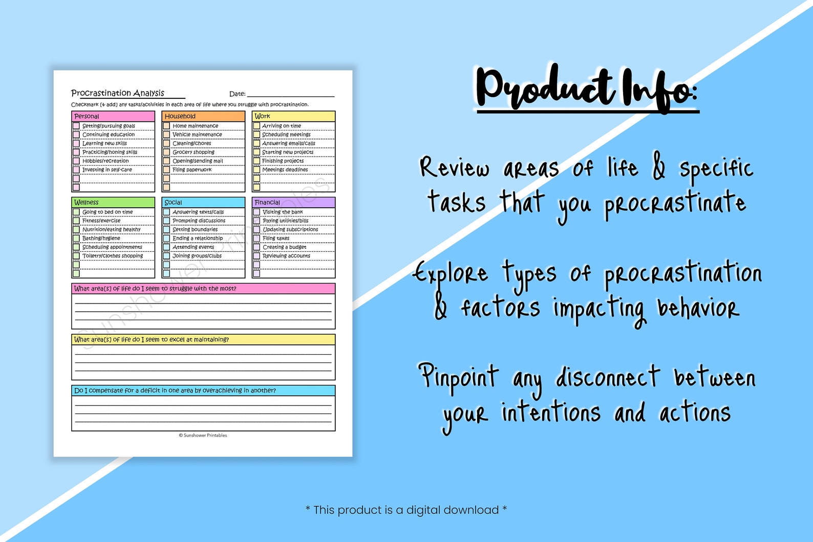 Procrastination Analysis Printable Worksheets ADHD Behavior - Etsy