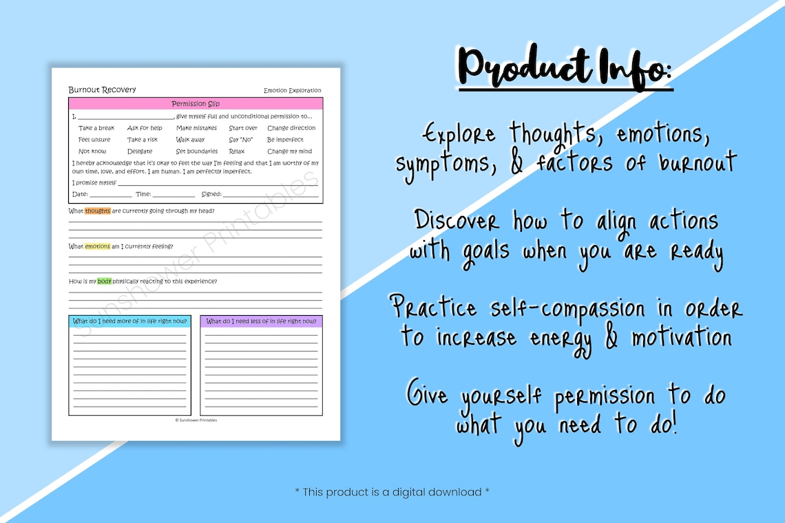 Burnout Recovery Printable Therapy Worksheets Self-help Journal Prompts ...