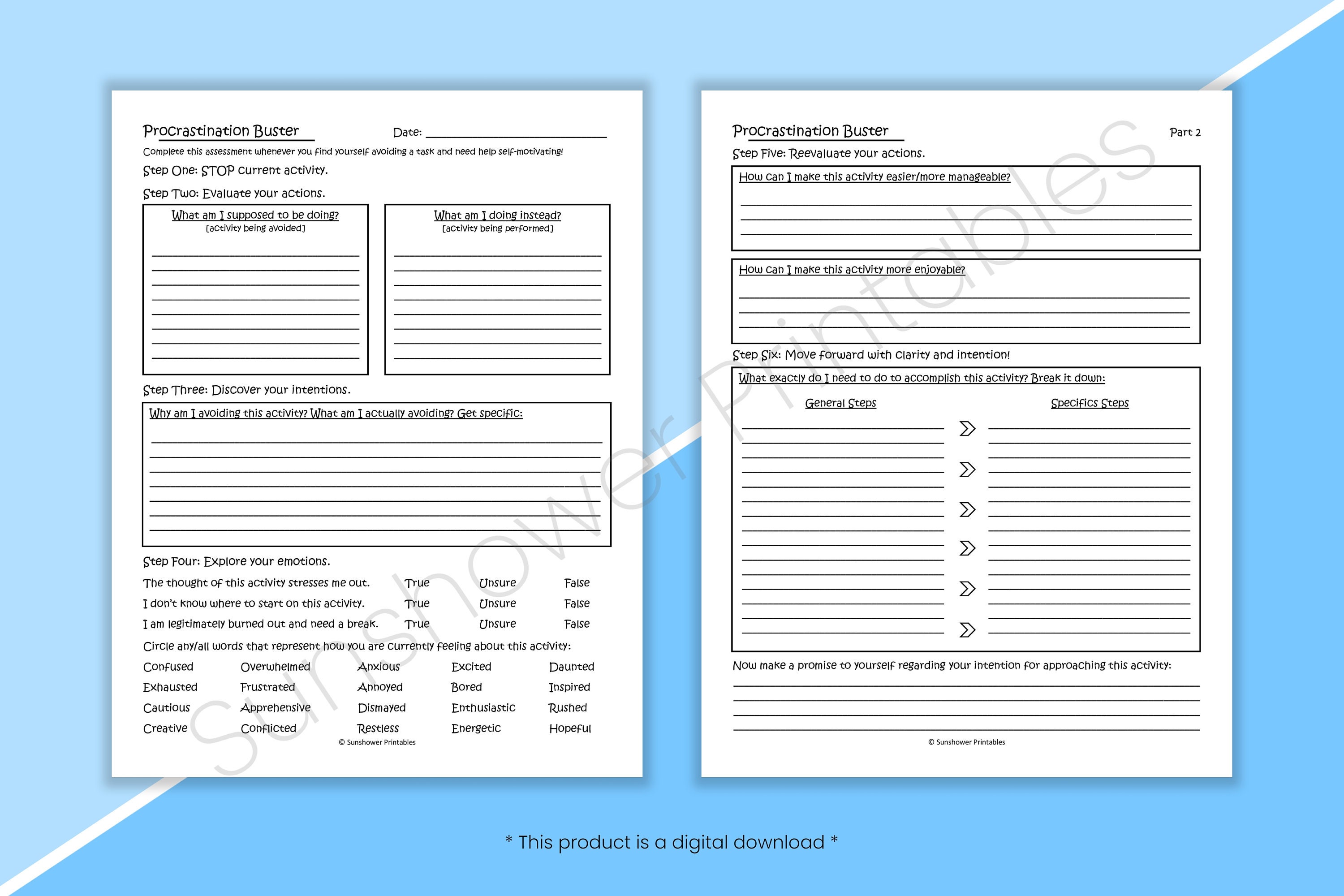 Procrastination Buster Printable Worksheets - ADHD Focus Productivity ...