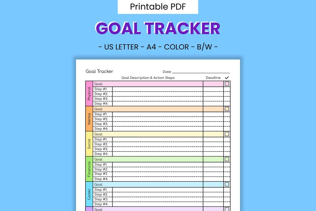 Goal Tracker Printable Planner - Self-improvement Therapy Worksheet ...