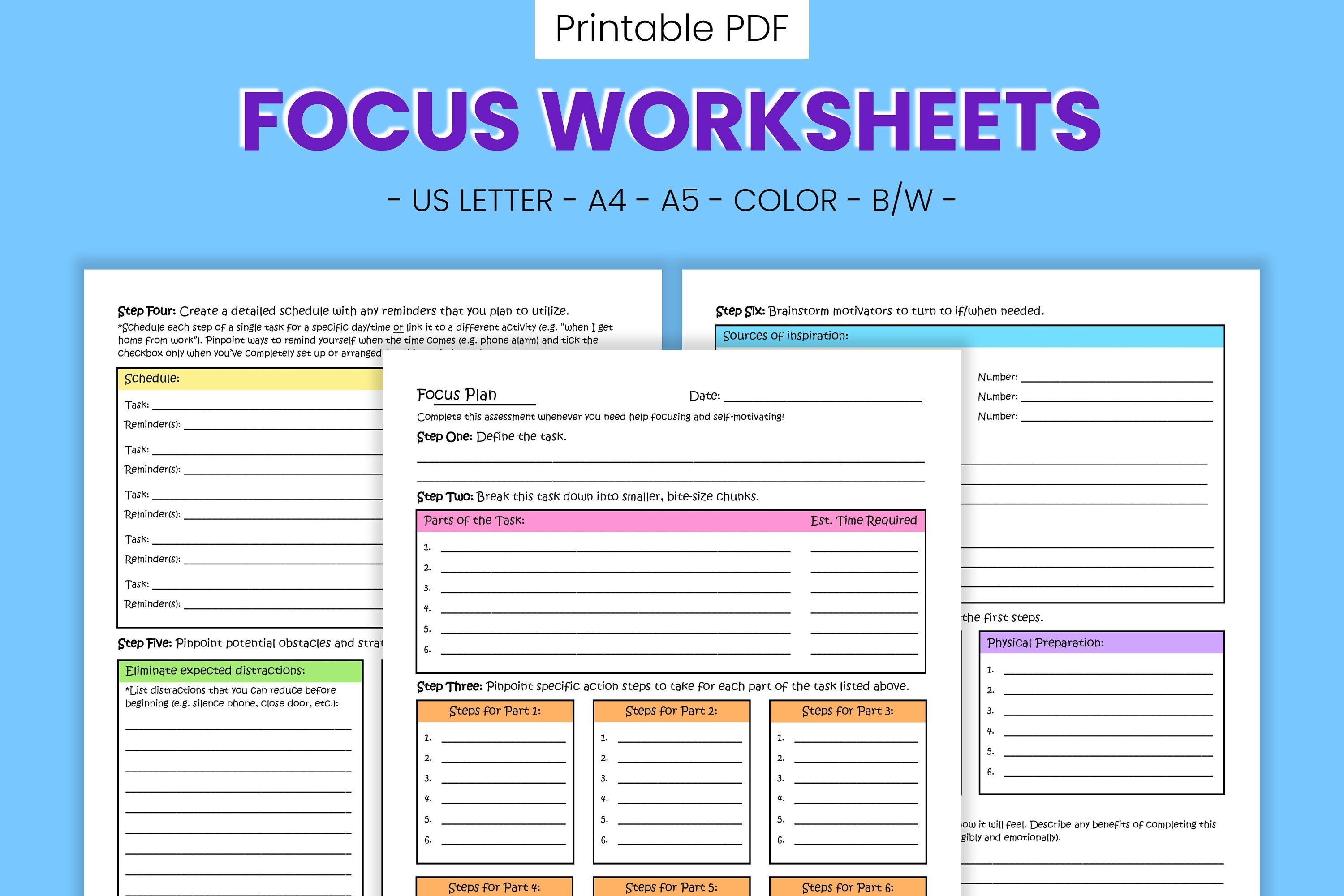 Focus Plan Printable Worksheets Productivity Etsy