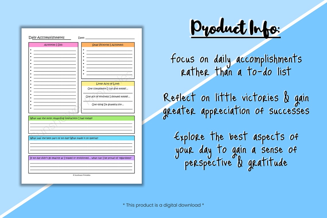 Daily Accomplishments Printable Journal Page Gratitude Reflections ...