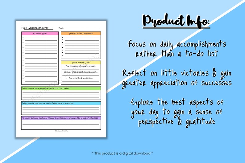 Daily Accomplishments Printable Journal Page Gratitude Reflections ...