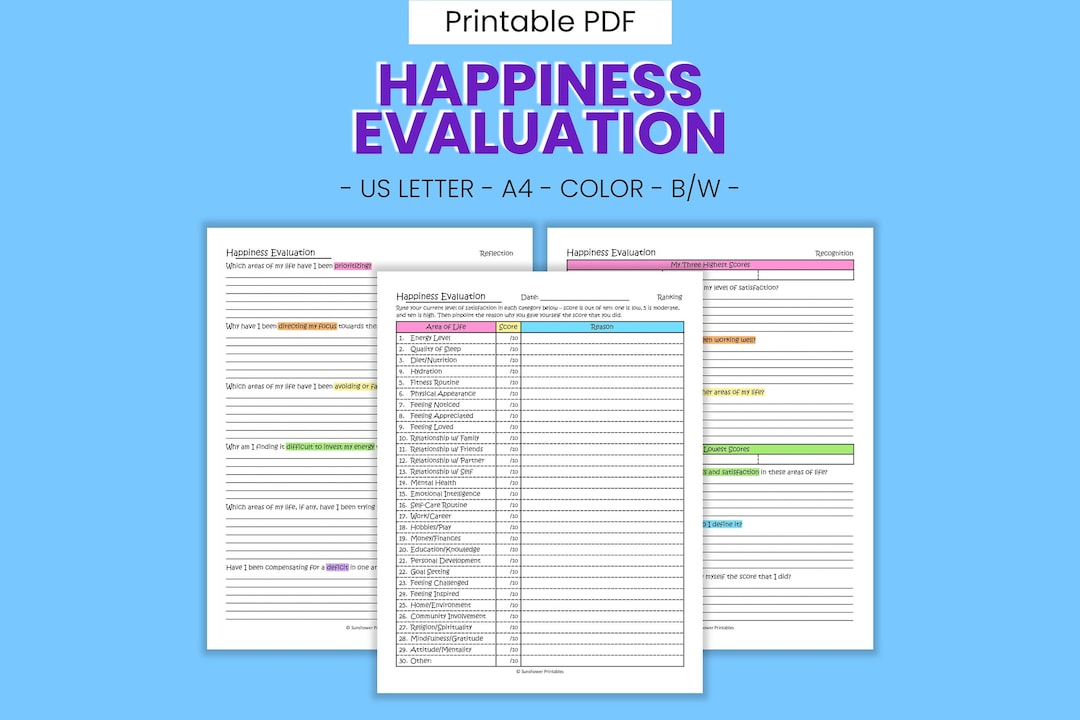 Happiness Evaluation Printable Therapy Worksheets Depression Self Help ...