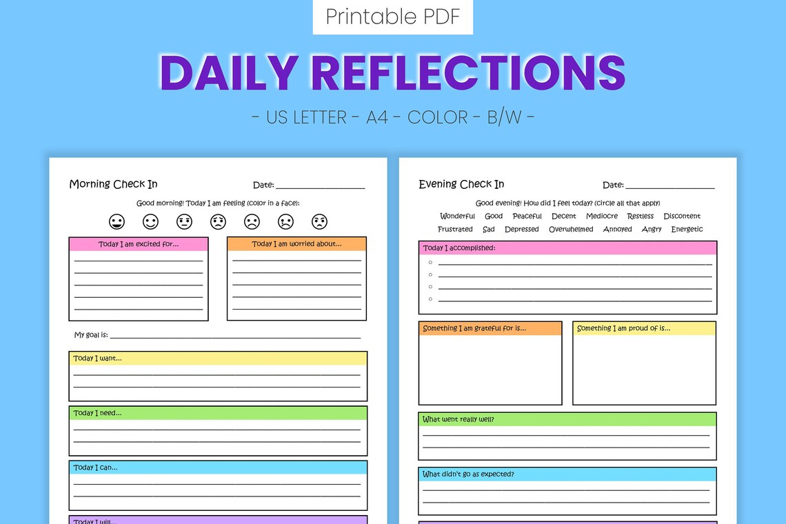 Daily Reflection Journal Pages Printable Check In Morning & - Etsy