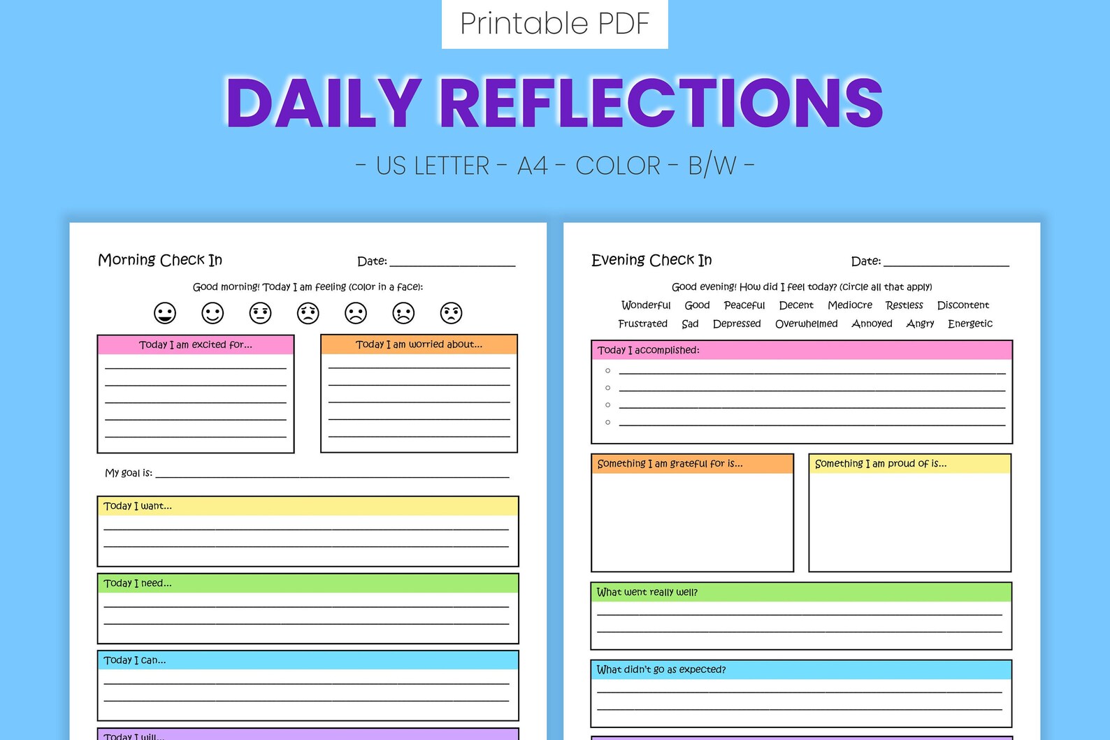 Daily Reflection Journal Pages Printable Check In Morning & - Etsy