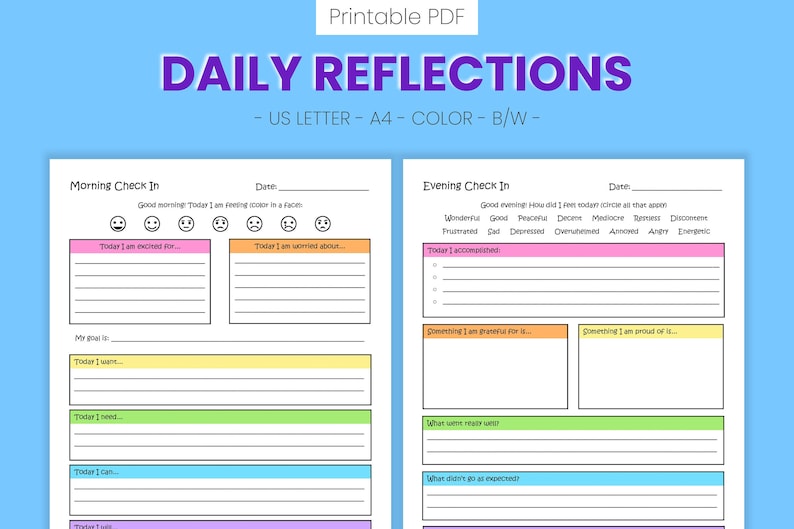 Daily Reflection Journal Pages Printable Check In Morning & - Etsy