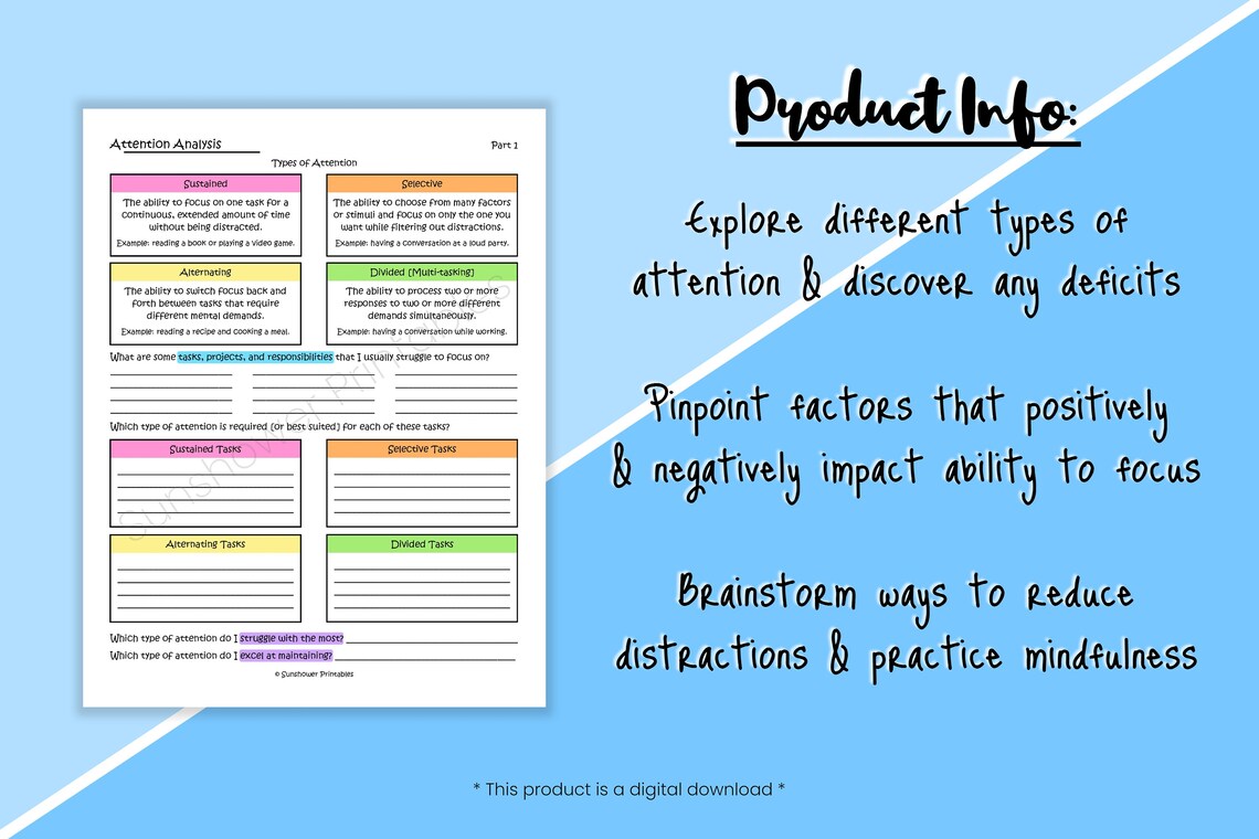 Attention Analysis Printable Focus Worksheets Productivity - Etsy
