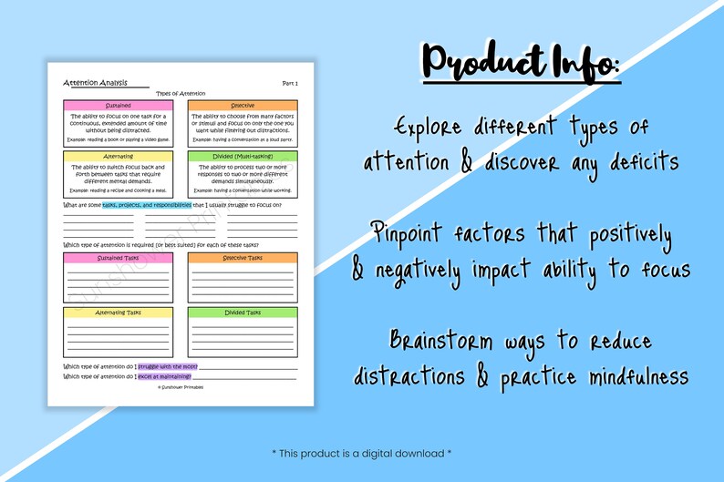 Attention Analysis Printable Focus Worksheets Productivity - Etsy