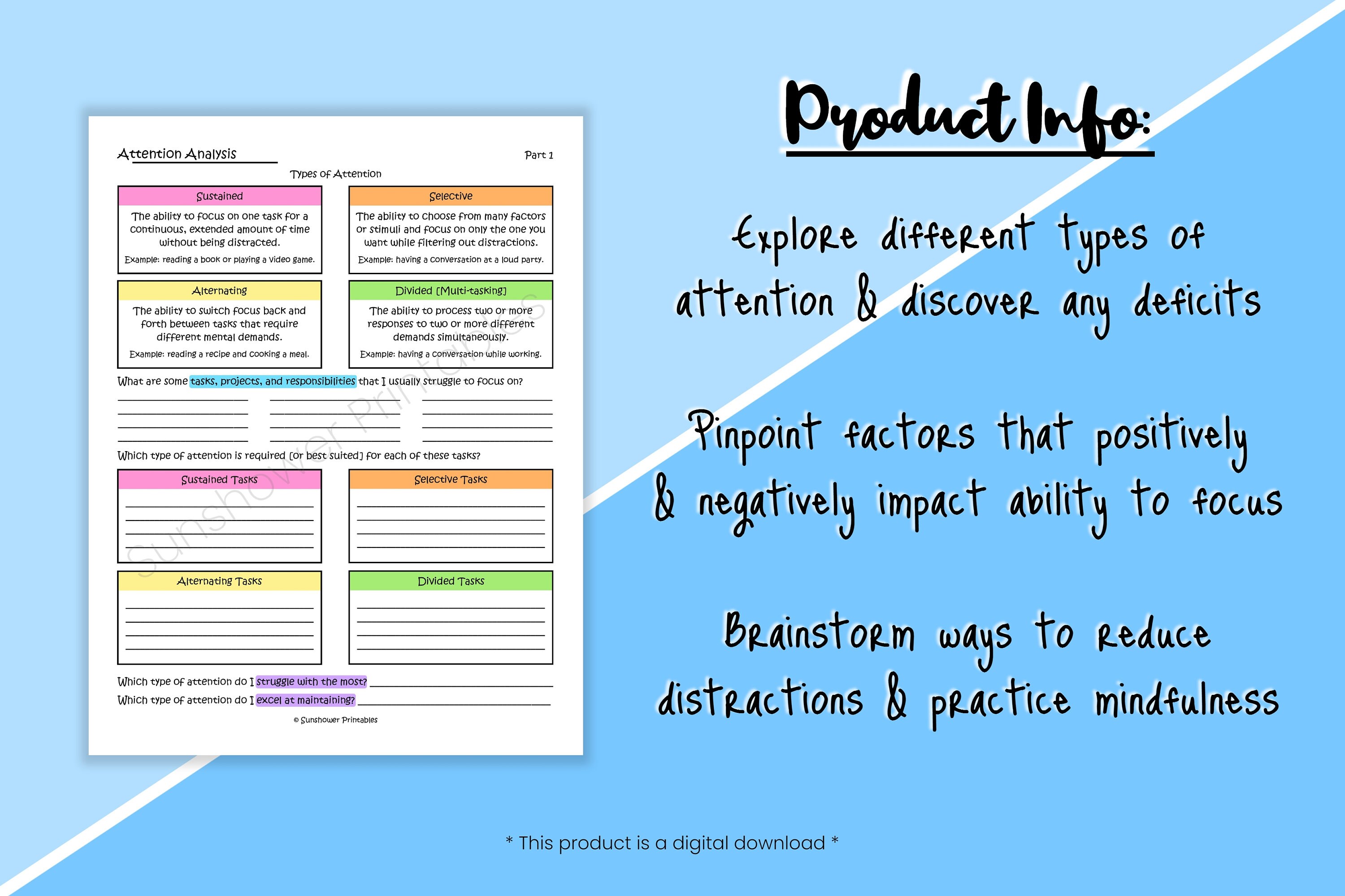 Attention Analysis Printable Focus Worksheets Productivity - Etsy