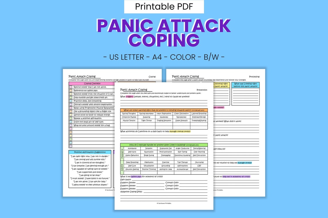 Panic Attack Coping Printable Worksheets - Anxiety Disorder & Stress Relief, Emotion Processing ...