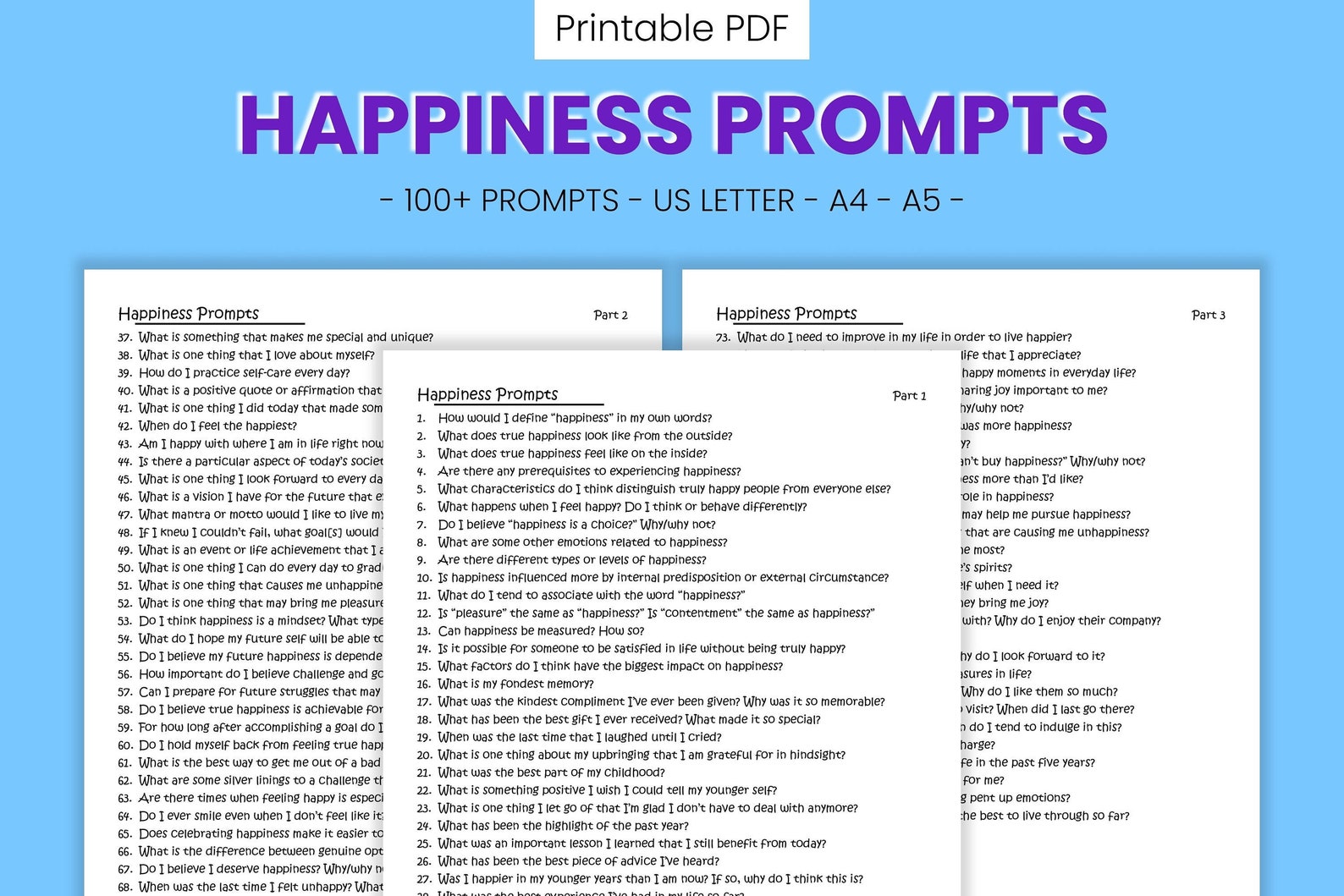 Happiness Journal Writing Prompts 100 Printable Questions - Etsy