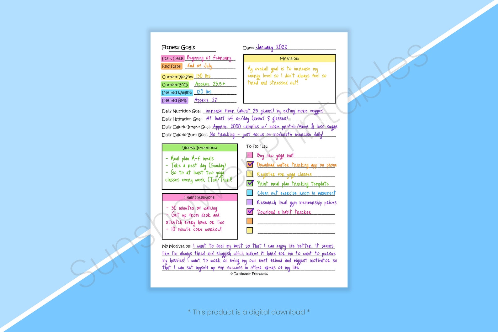 Fitness Goal Setting Journal Page Printable Daily - Etsy