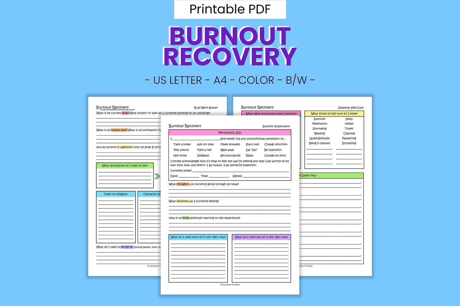 Burnout Recovery Printable Therapy Worksheets Self-help Journal Prompts ...
