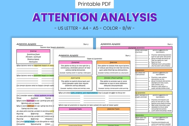 Attention Analysis Printable Focus Worksheets Productivity - Etsy