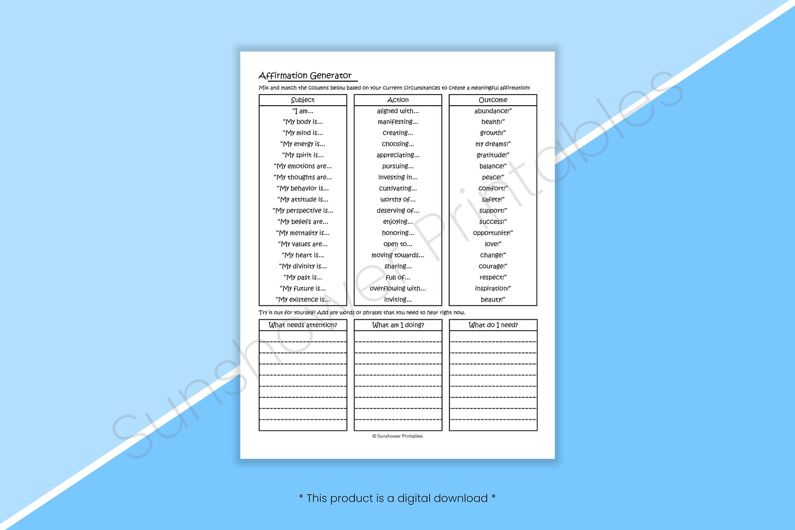 Affirmation Generator Printable Worksheet Positive i Am Statements ...