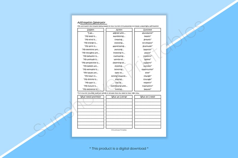 Affirmation Generator Printable Worksheet Positive i Am Statements ...