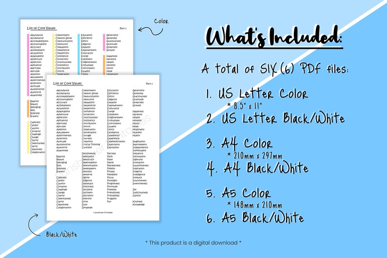 Core Value Exploration Printable Worksheets List of Guiding - Etsy