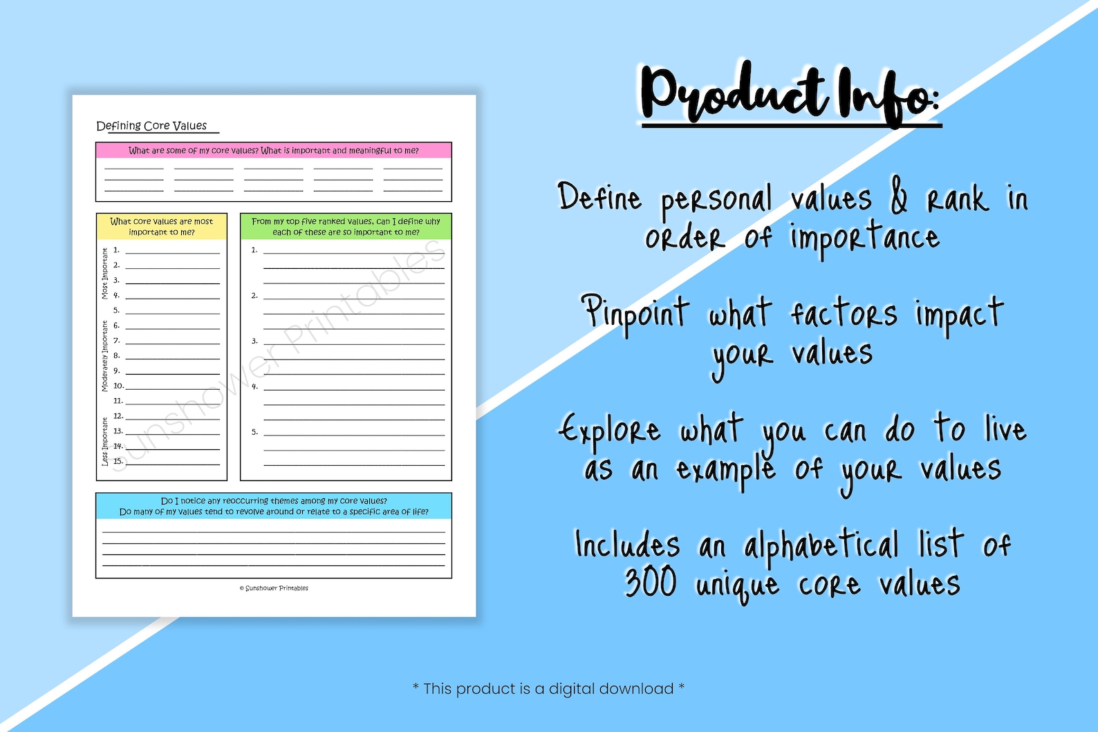 Core Value Exploration Printable Worksheets List of Guiding - Etsy