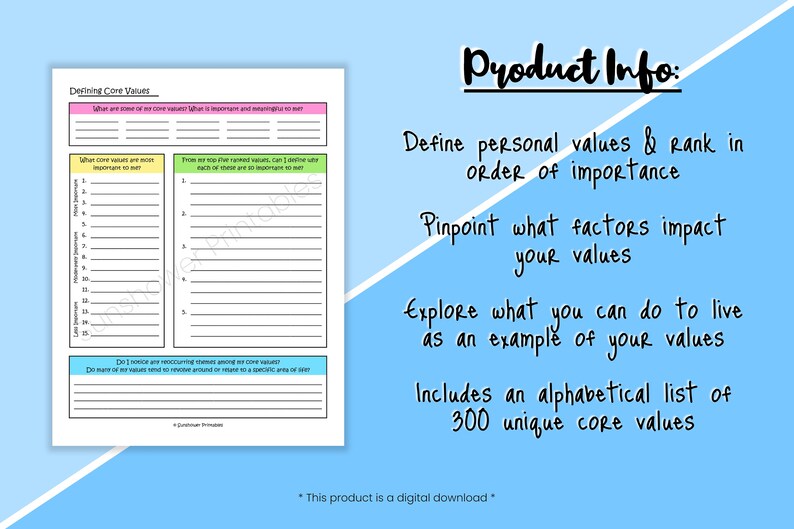 Core Value Exploration Printable Worksheets List Of Guiding Etsy