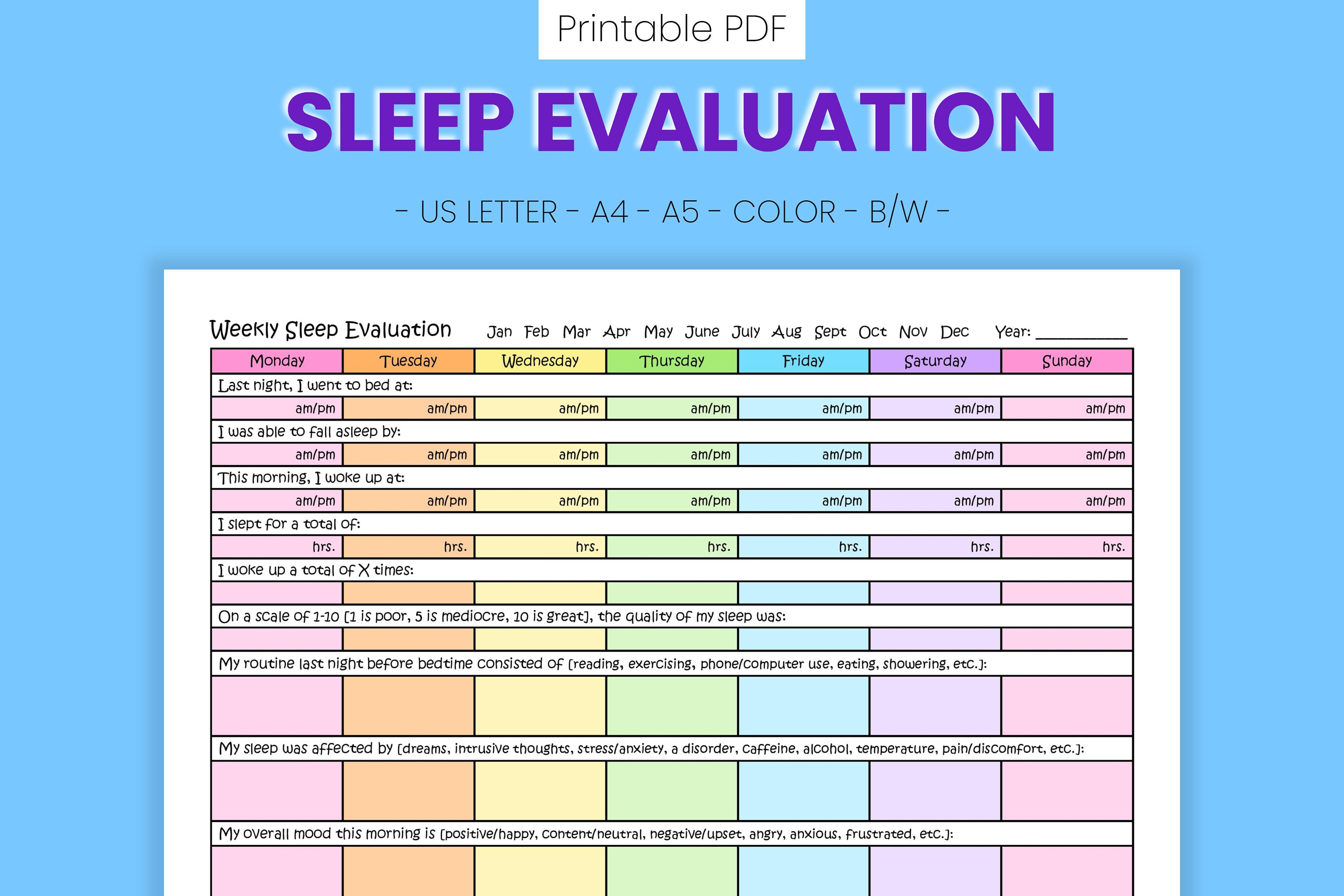 Weekly Sleep Evaluation Printable Record Wellness Template - Etsy Ireland