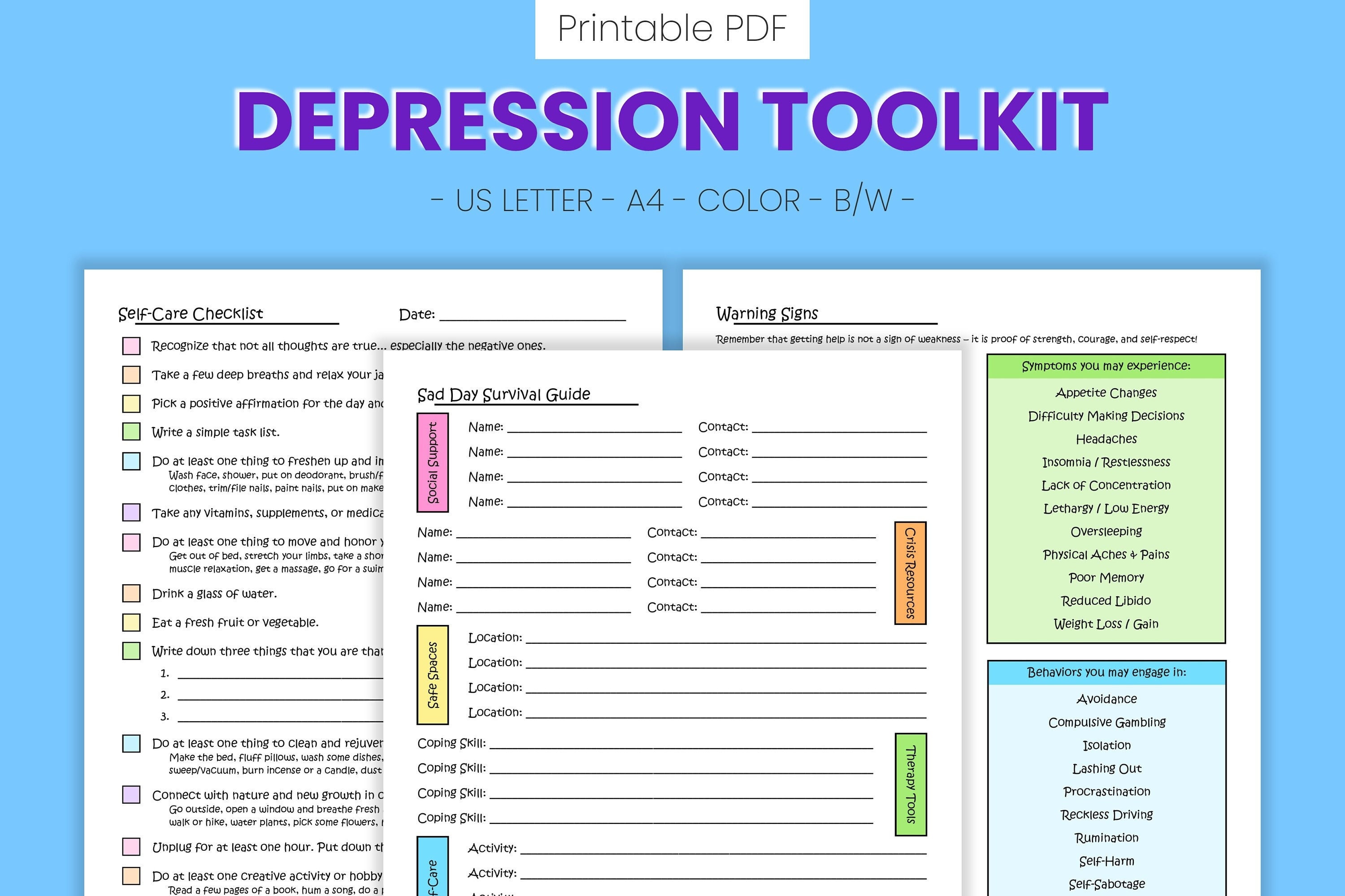 Depression Toolkit Printable Coping Worksheets Mental Health - Etsy