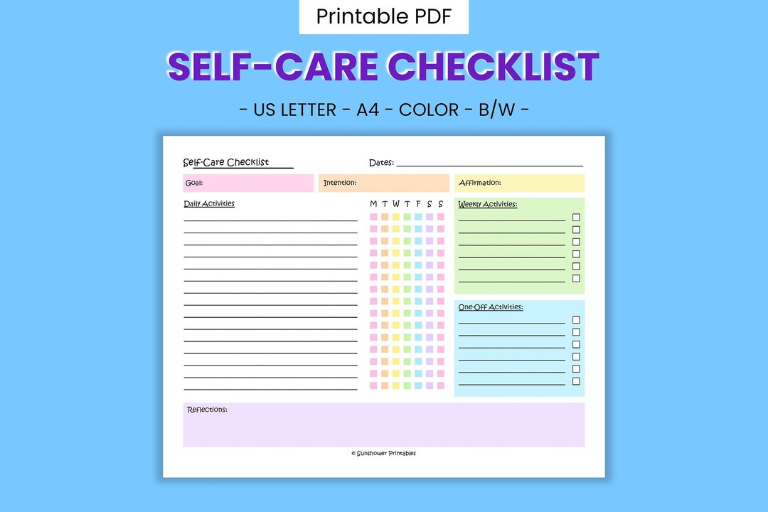Self Care List Printable Habit Tracker - Daily to Do, Weekly Goals ...