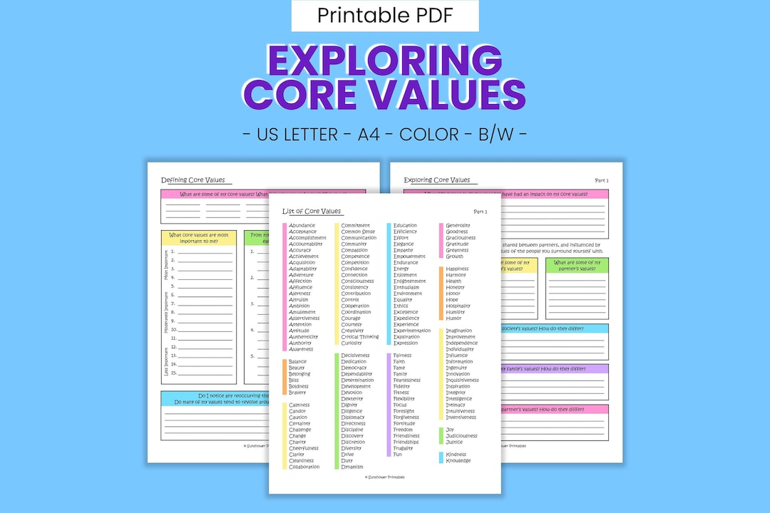 Core Value Exploration Printable Worksheets - List of Guiding ...