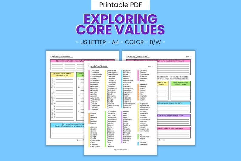 Core Value Exploration Printable Worksheets - List of Guiding ...