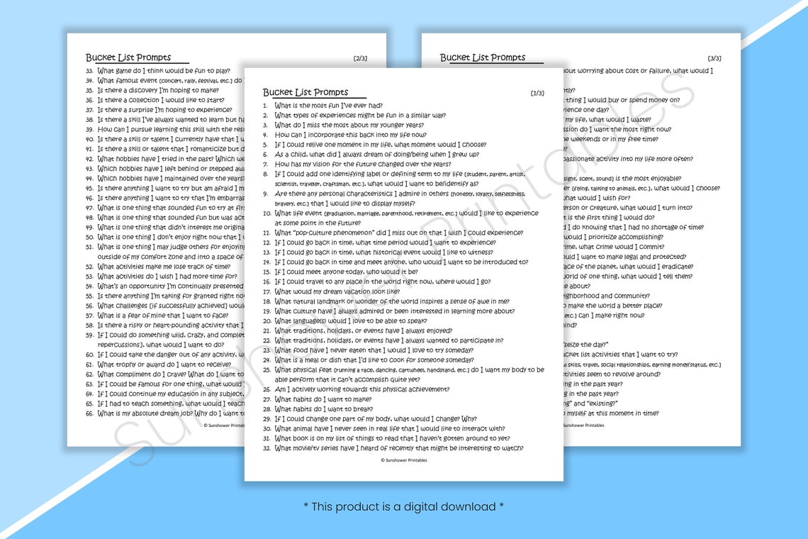 Bucket List Journal Writing Prompts 100 Printable Questions, Manifest ...