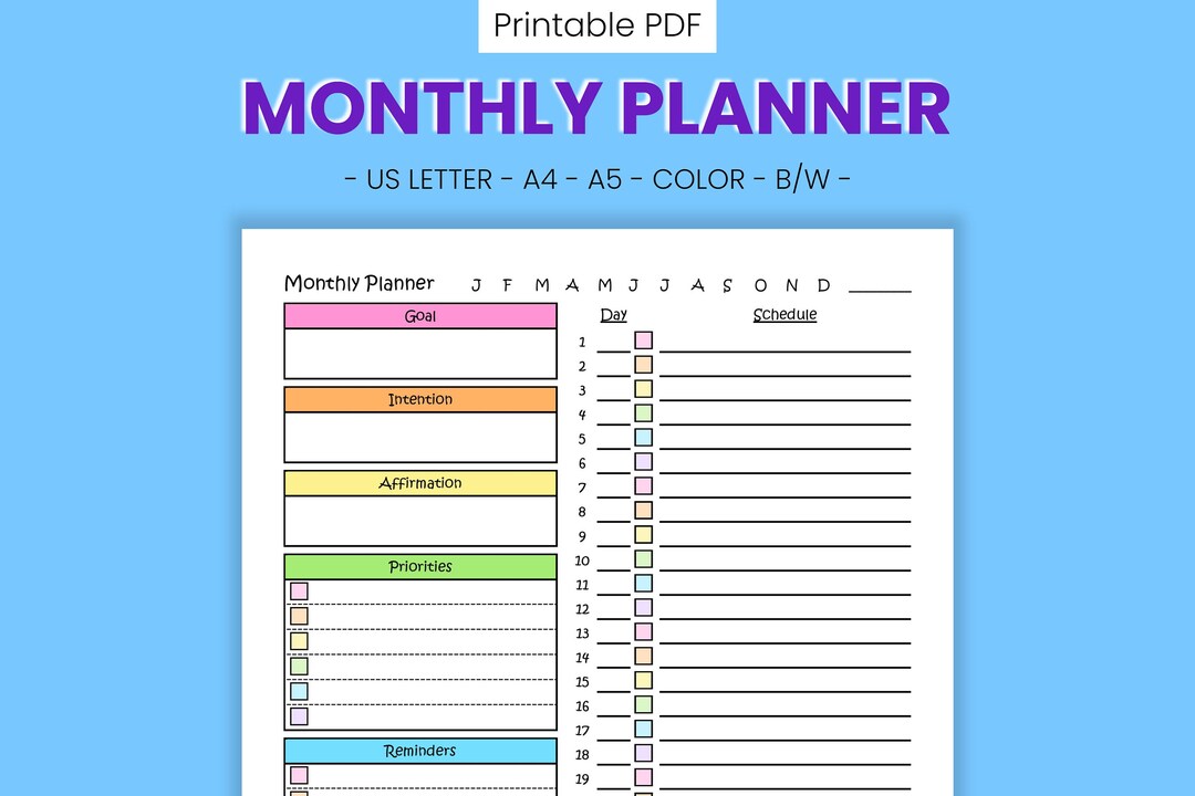 Monthly Planner Printable Schedule Daily Task Agenda Weekly - Etsy