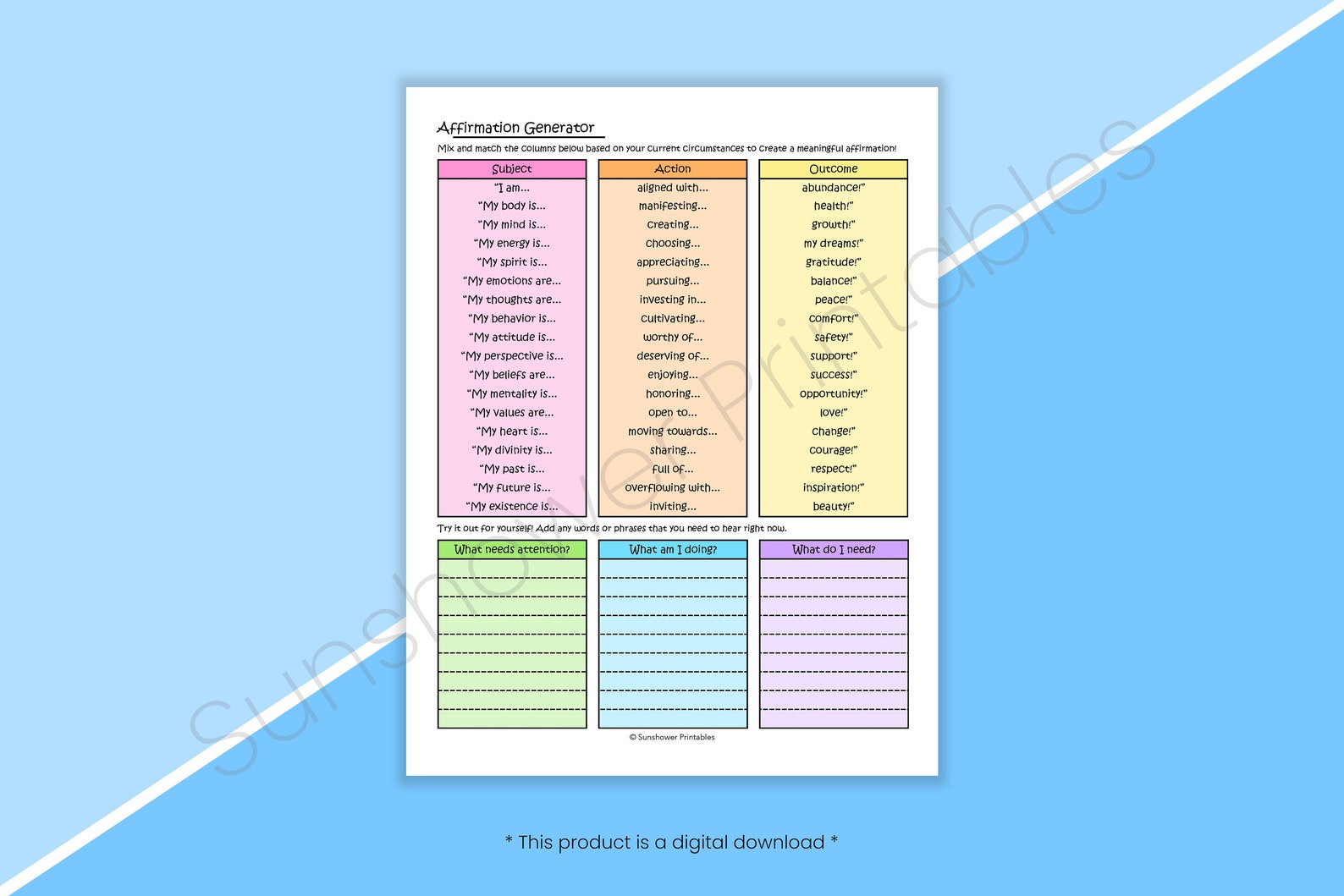 Affirmation Generator Printable Worksheet Positive i Am Statements ...