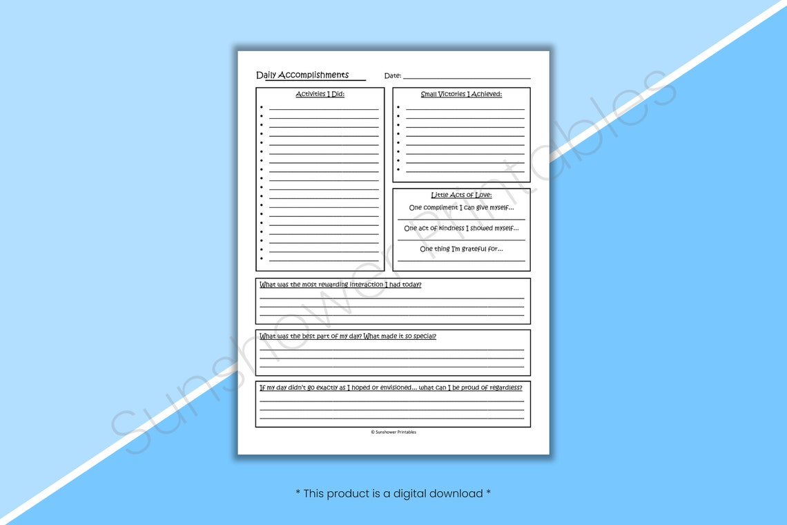 Daily Accomplishments Printable Journal Page Gratitude Reflections ...