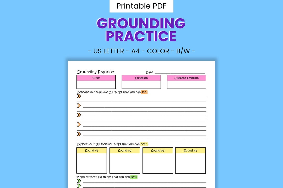 Grounding Practice Printable Therapy Worksheet - Emotion Regulation ...