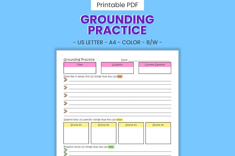 Grounding Practice Printable Therapy Worksheet Emotion Regulation ...