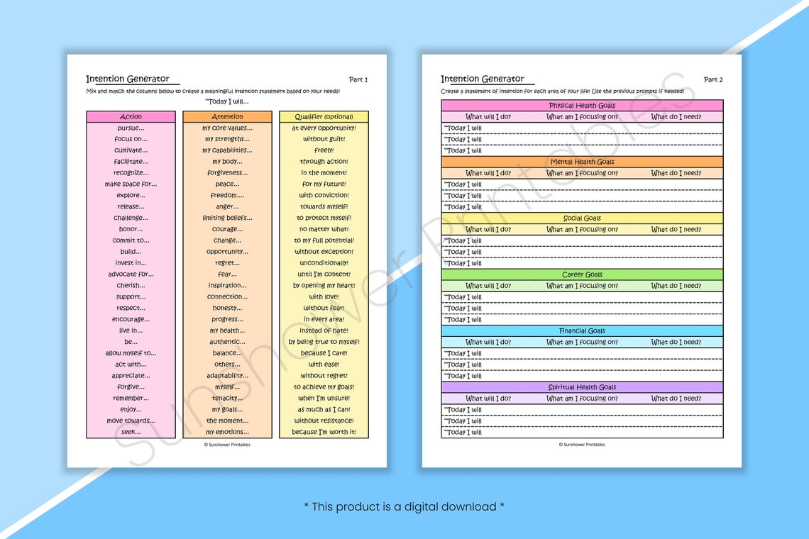 Intention Generator Printable Worksheet Intention Statement Setting ...