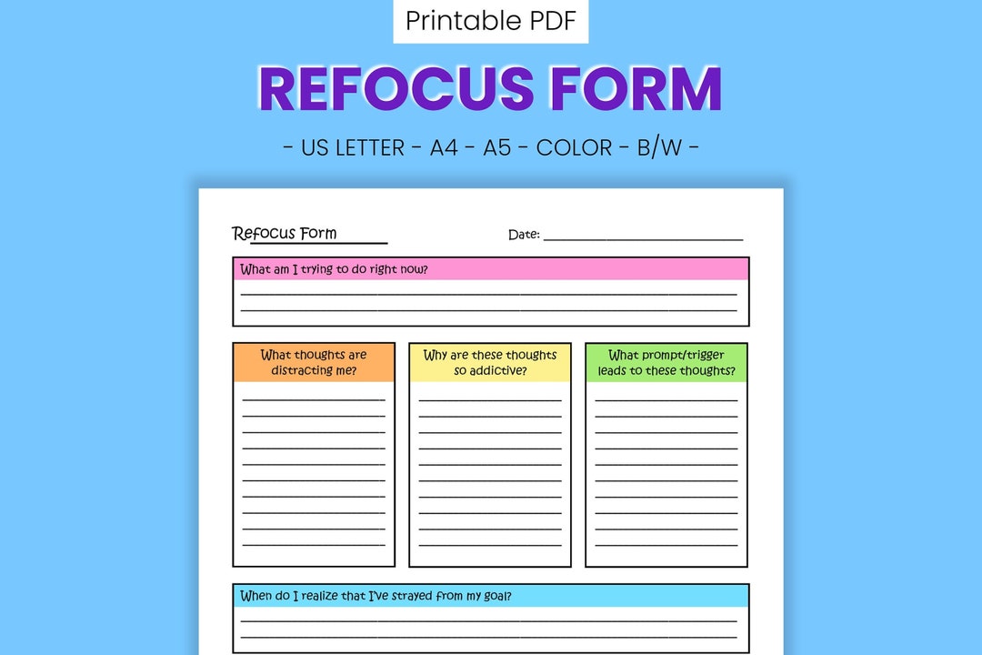 Refocus Form Printable Worksheet Productivity & - Etsy