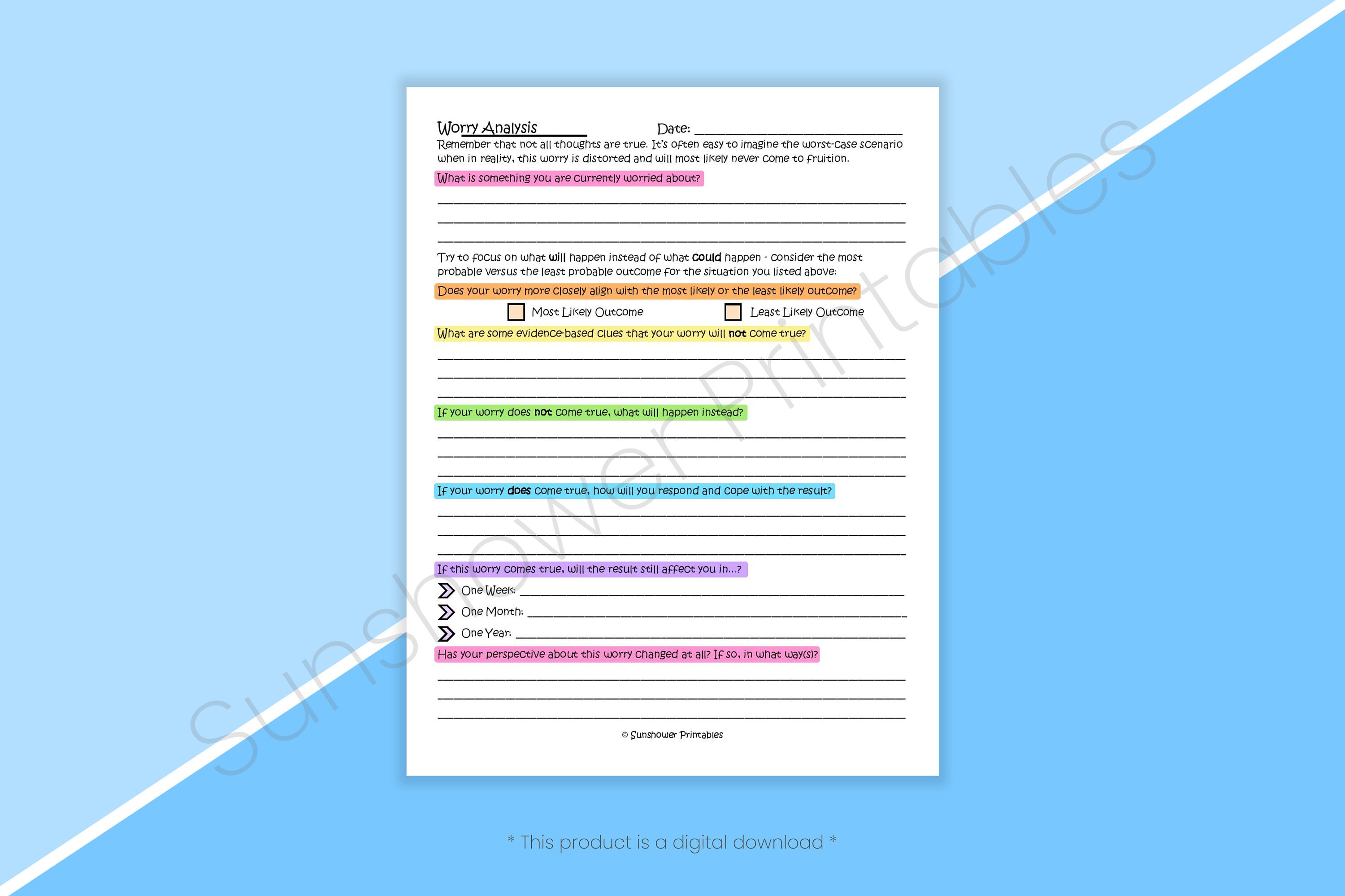 Worry Analysis Stress Journal Page - Printable Self Evaluation, Anxiety ...