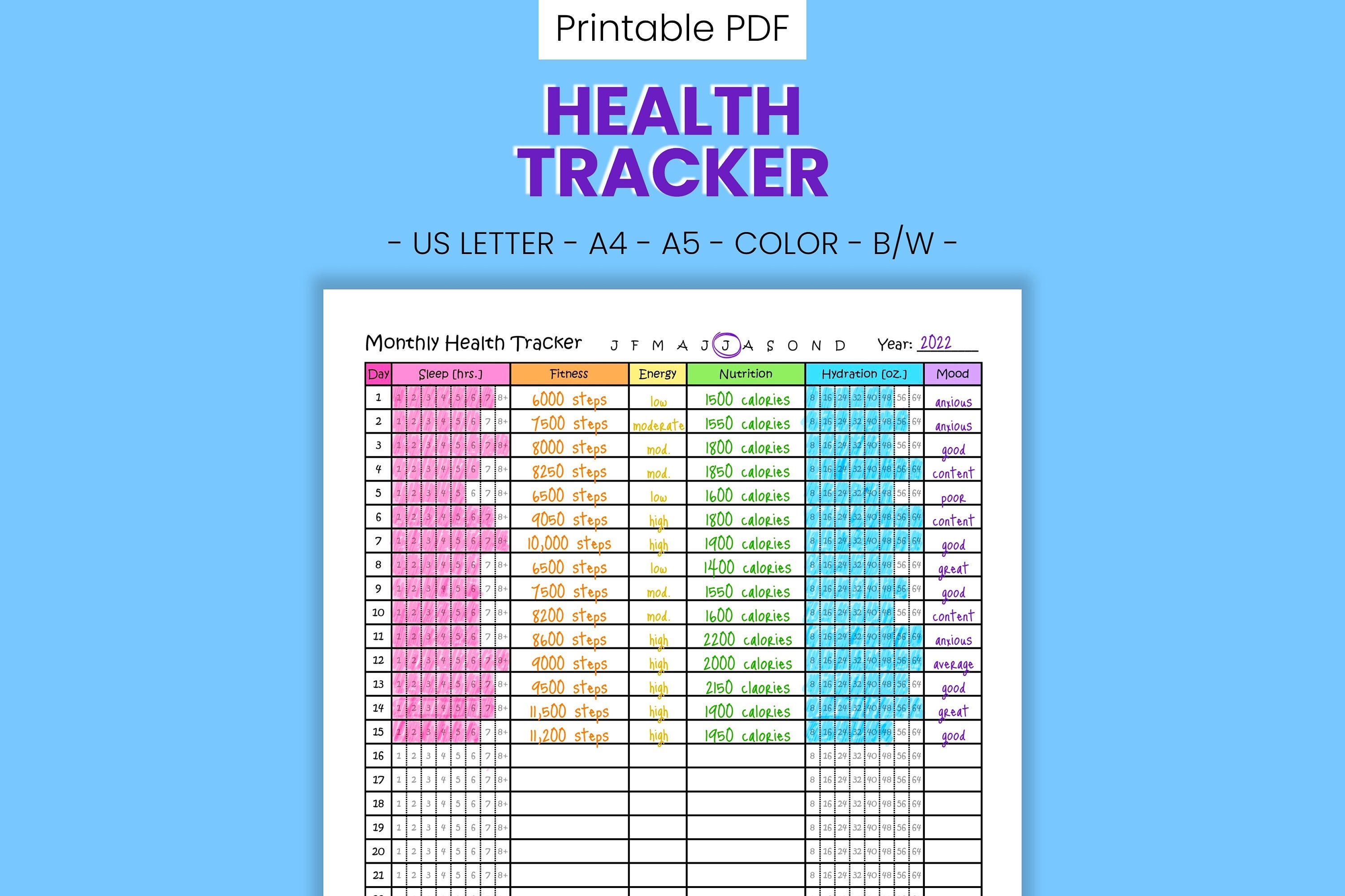 Monthly Health Tracker Printable Chart Daily Wellness - Etsy
