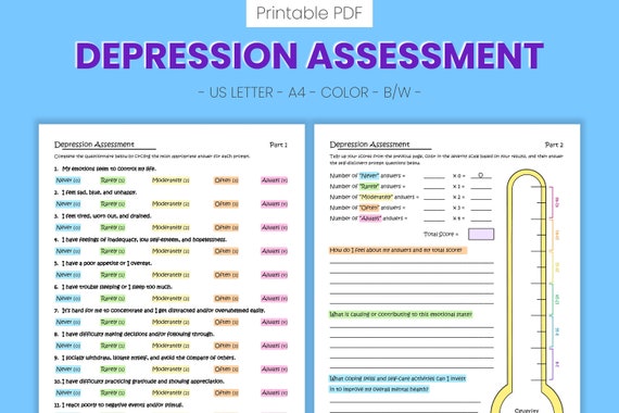 Depression Assessment Printable Worksheets Mental Illness | Etsy