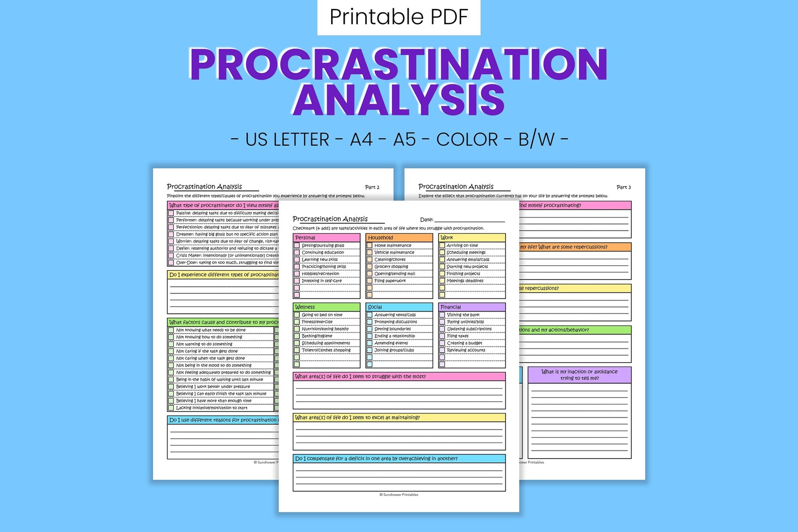 Procrastination Analysis Printable Worksheets ADHD Behavior - Etsy