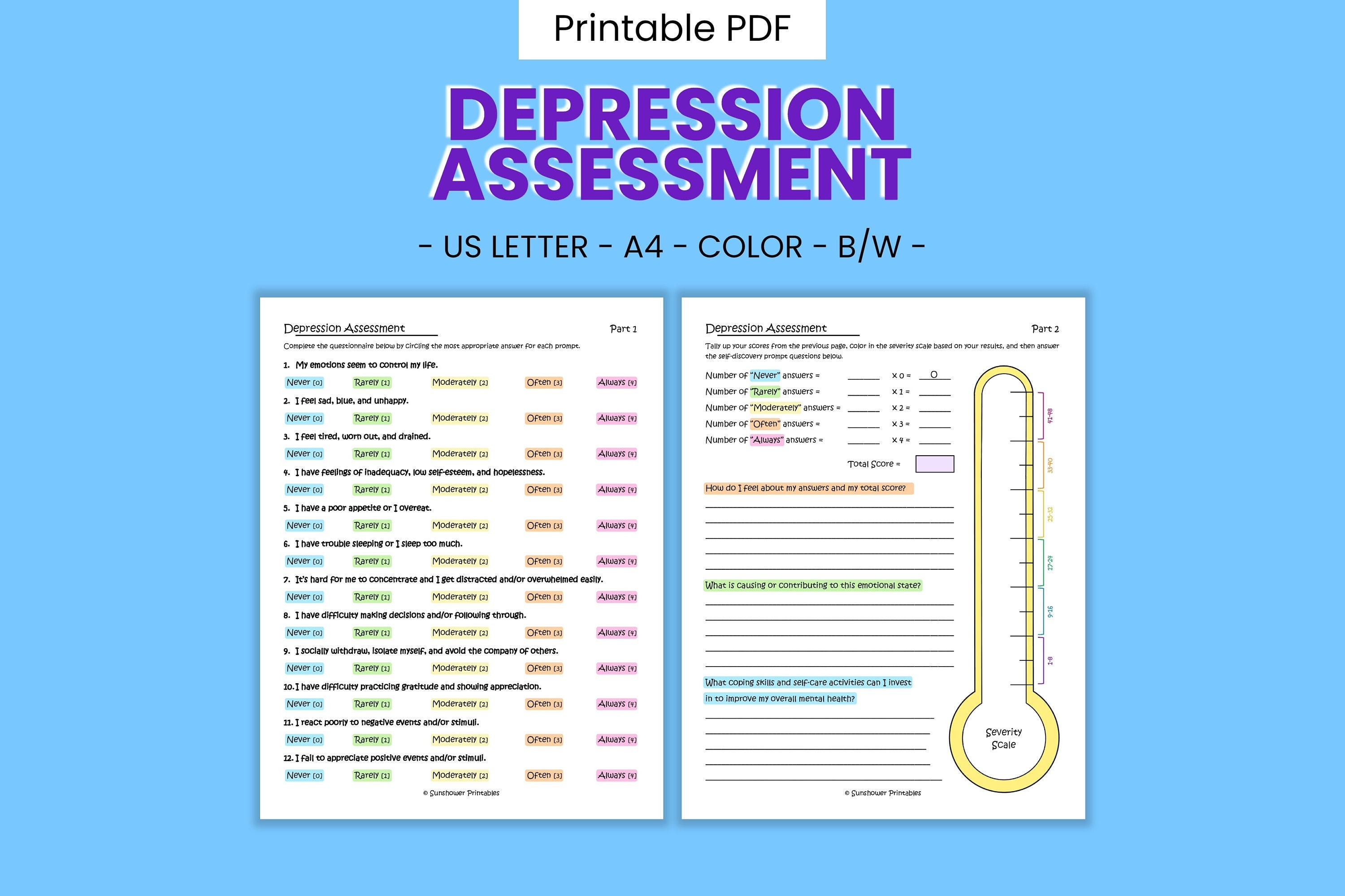Depression Assessment Printable Worksheets Mental Illness Resource ...