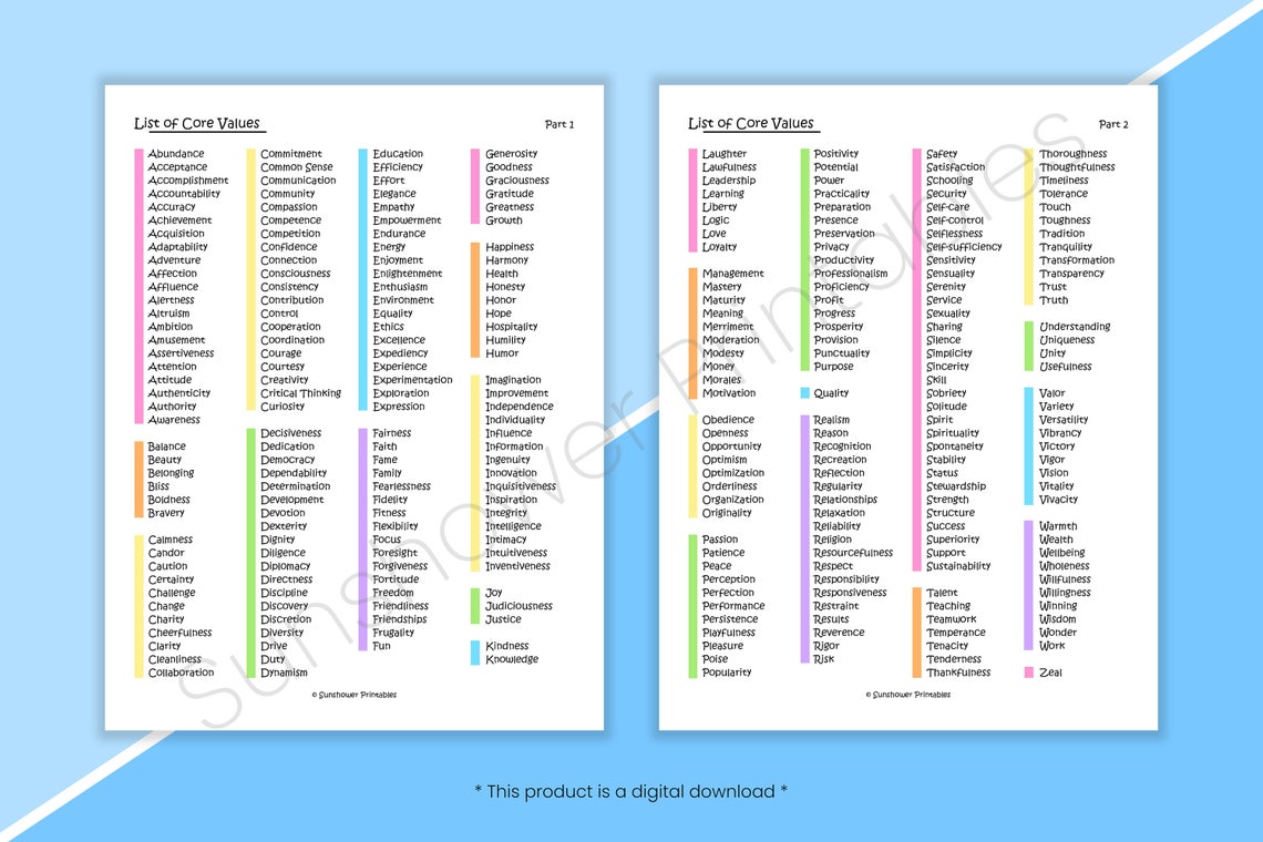 Core Value Exploration Printable Worksheets List of Guiding - Etsy