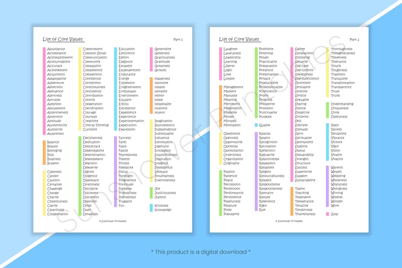 Core Value Exploration Printable Worksheets List Of Guiding Etsy